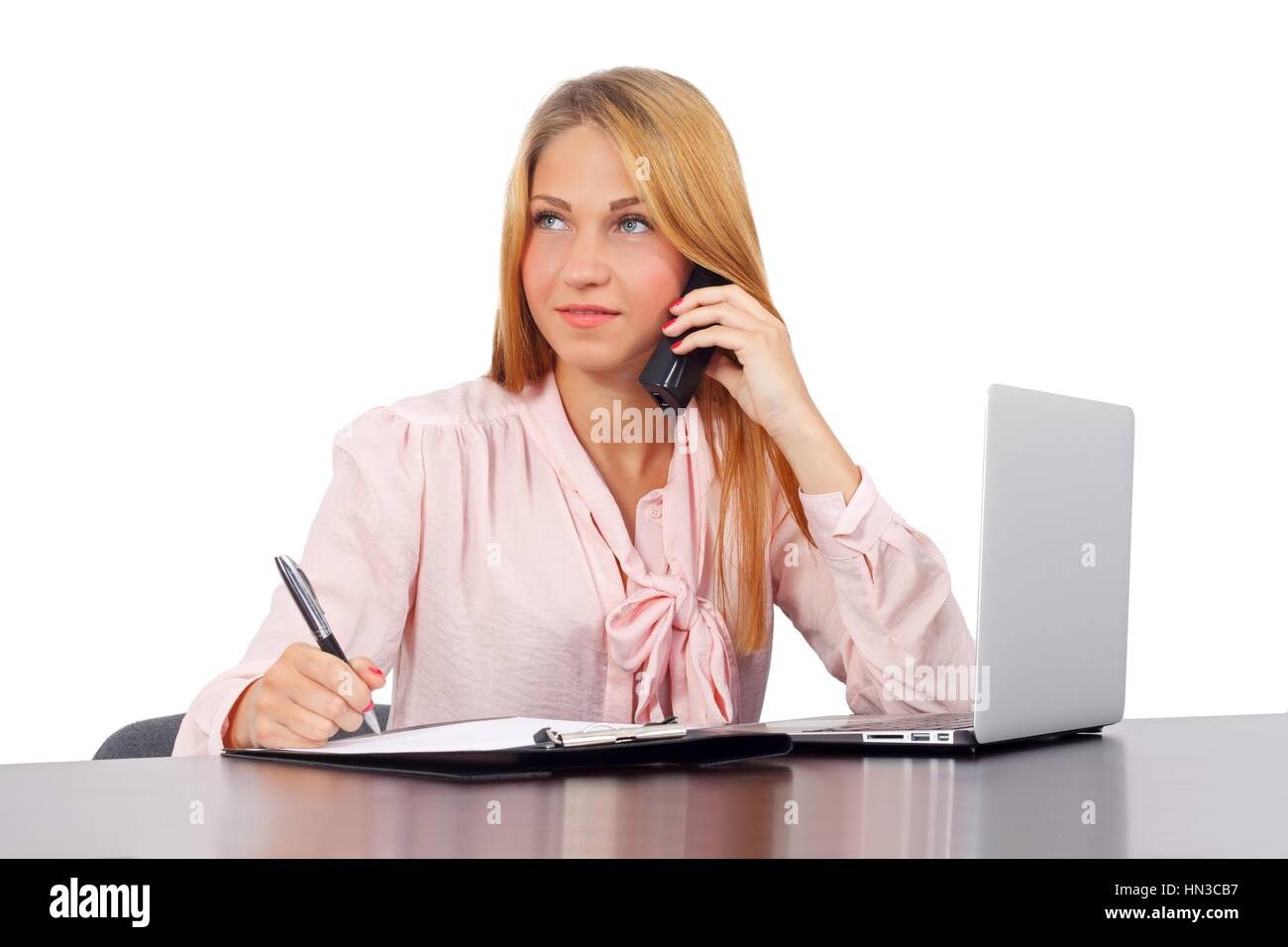 Portrait of a confident smiling businesswoman on isolated background ...