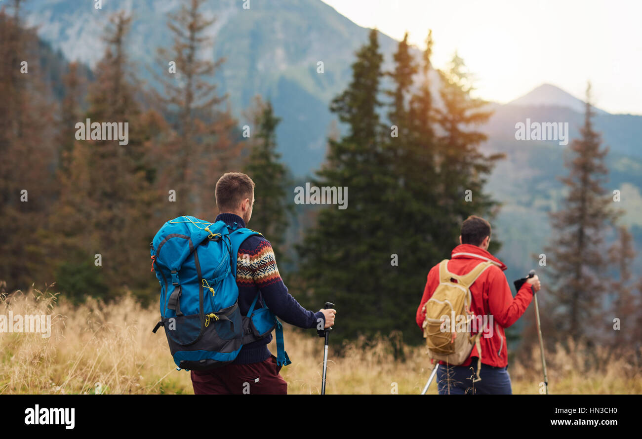 Rearview of two young men wearing backpacks and carrying trekking poles ...