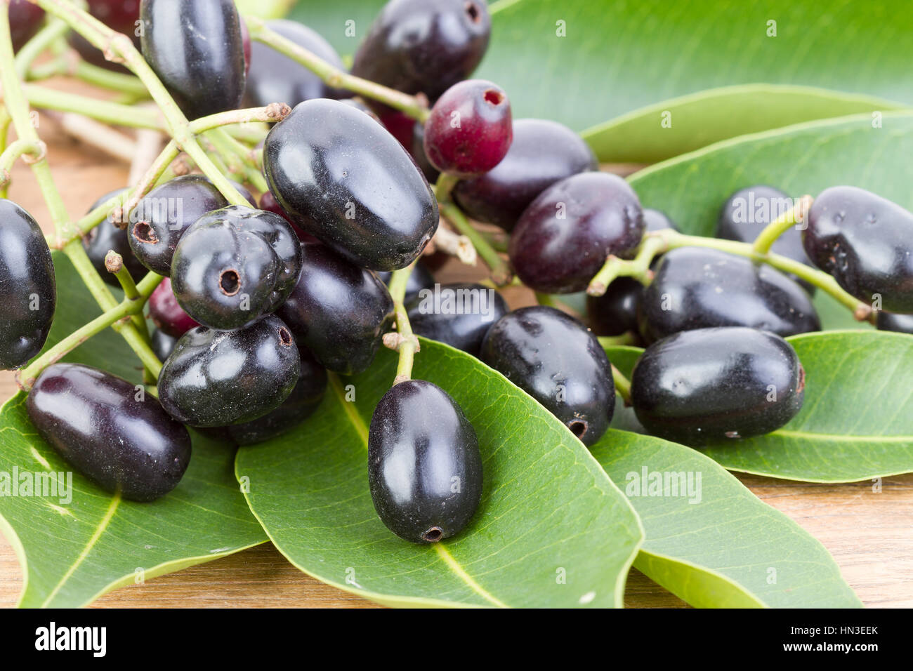 Jambolan plum or Java plum with grean leaves on wooden plate scientific name is 'Syzygium cumini ...