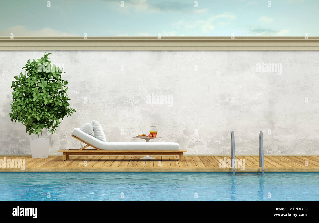 Minimalist swimming pool with white chaise pool lounge - 3d rendering ...