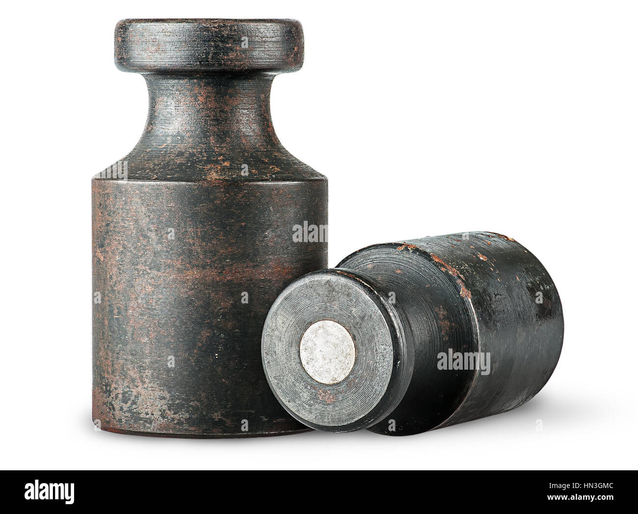 Lying and standing old rusty weights isolated on white background Stock ...