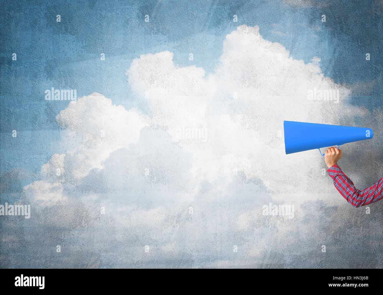 Close of woman making announcement in paper trumpet Stock Photo - Alamy