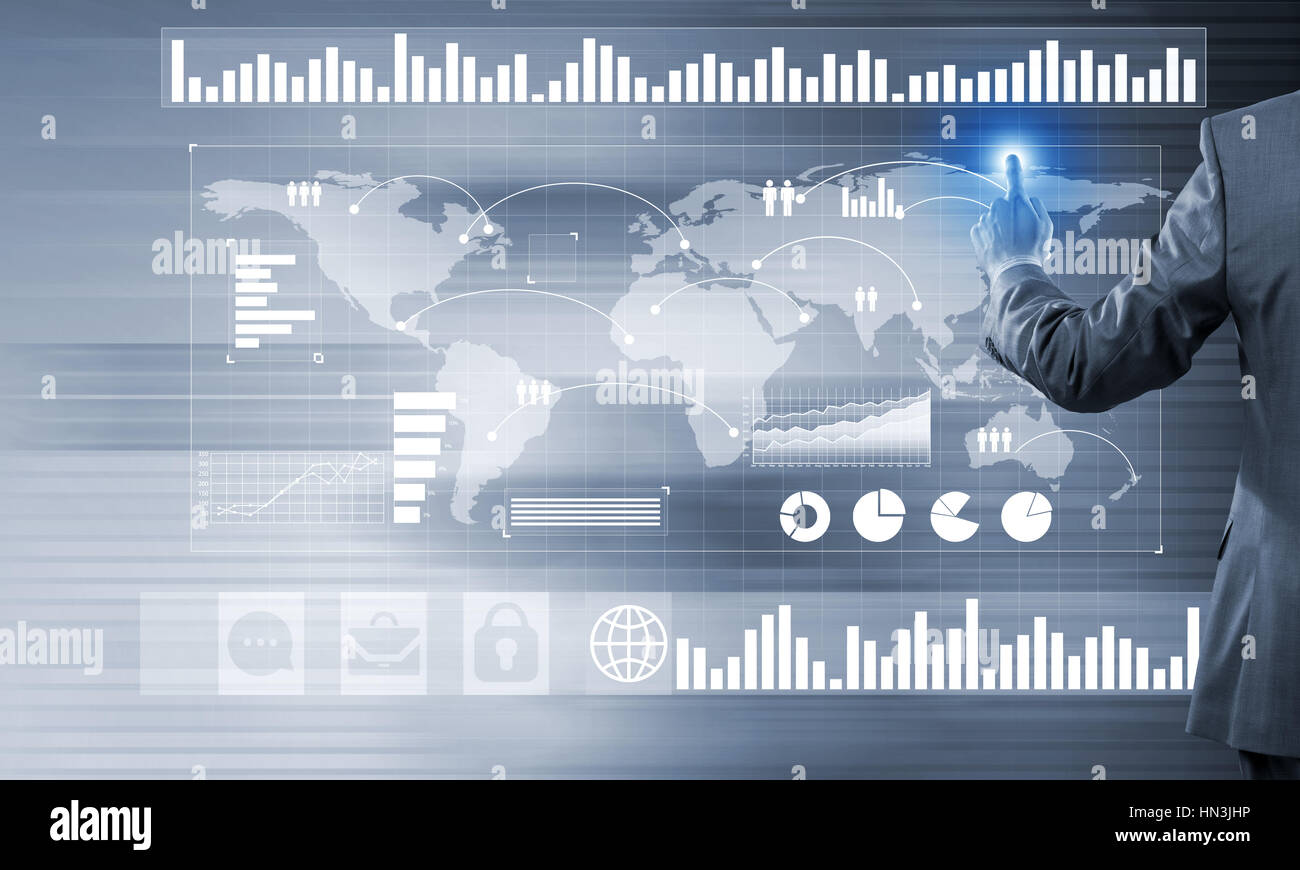 Back view of businessman working with virtual panel Stock Photo - Alamy