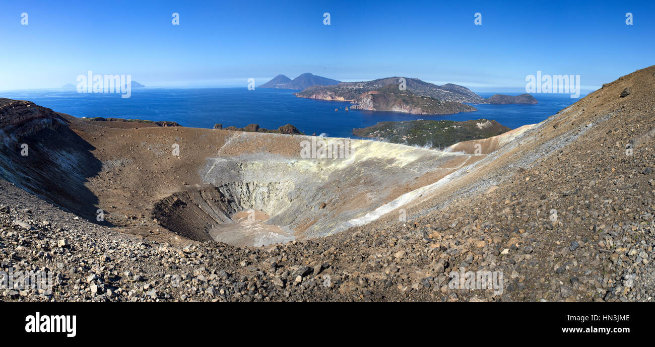 Volcano Island, Aeolian archipelago. Crater and the Mediterranean Sea ...