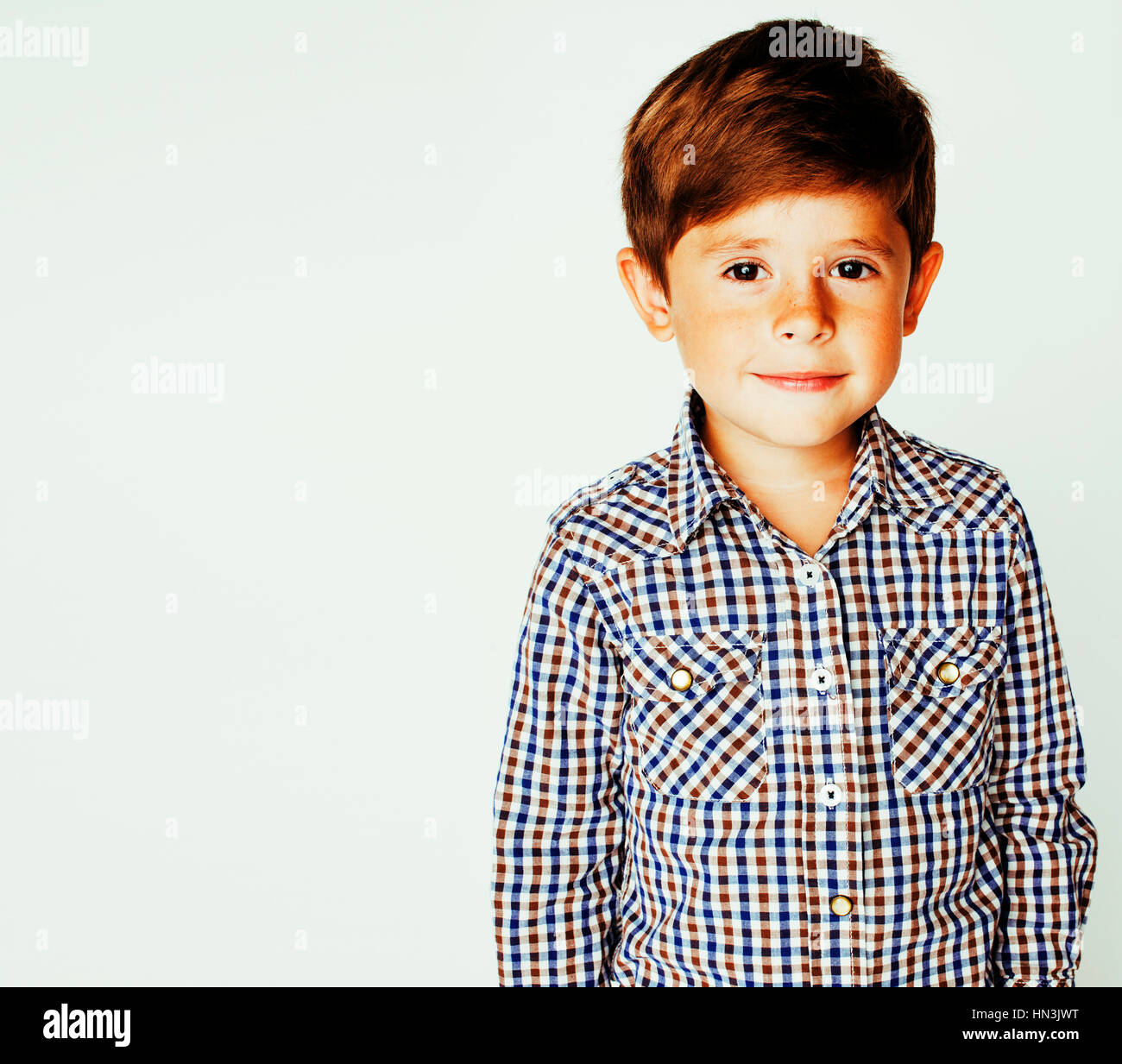 young pretty little cute boy kid wondering, posing emotional fac Stock ...