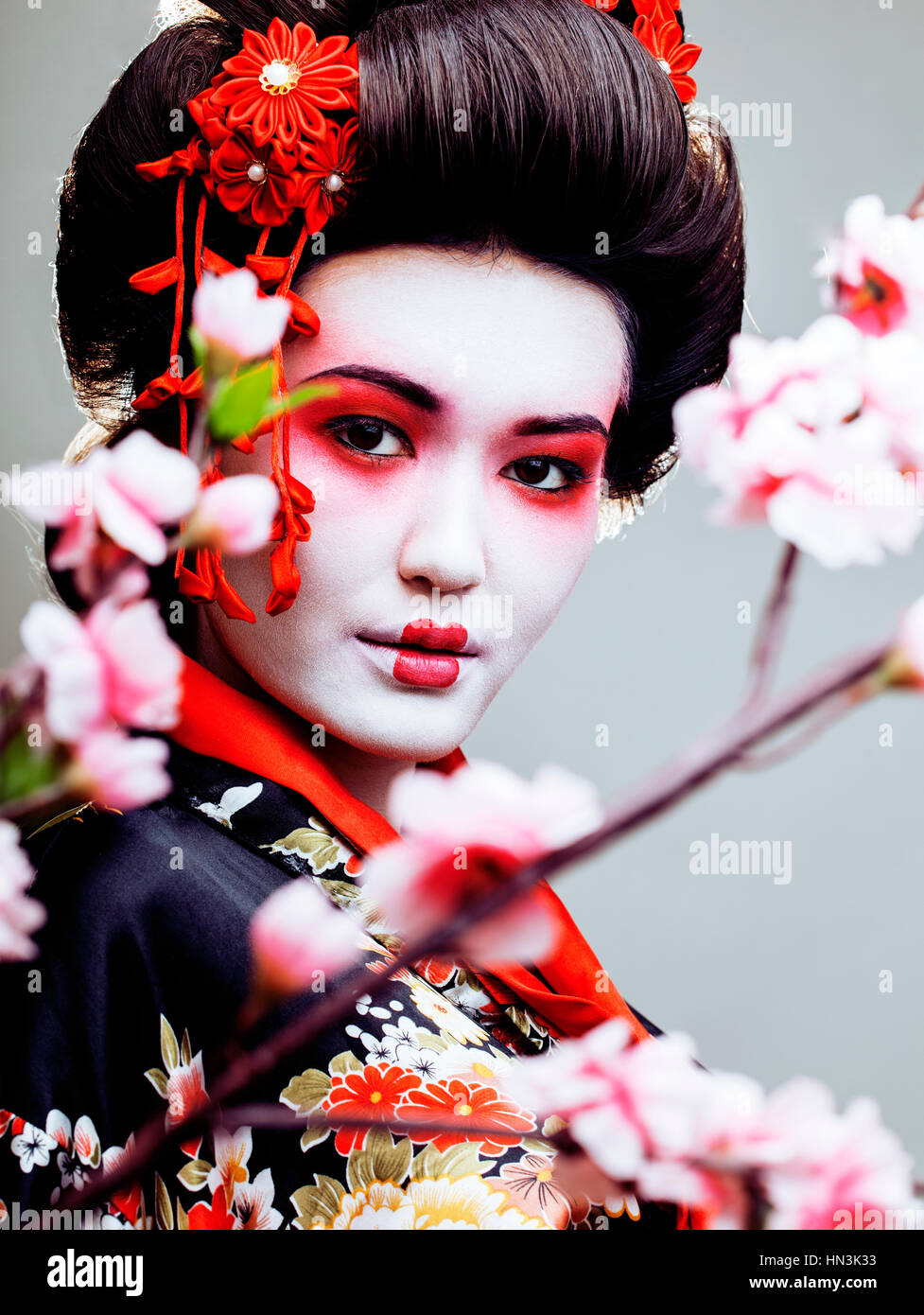 young pretty geisha in black kimono among sakura, asian ethno close up ...