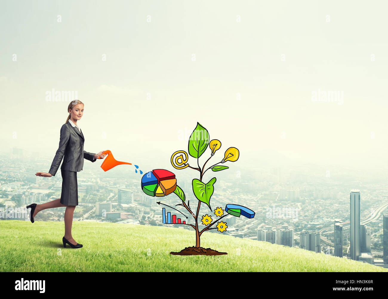 Attractive businesswoman presenting investment and financial growth ...