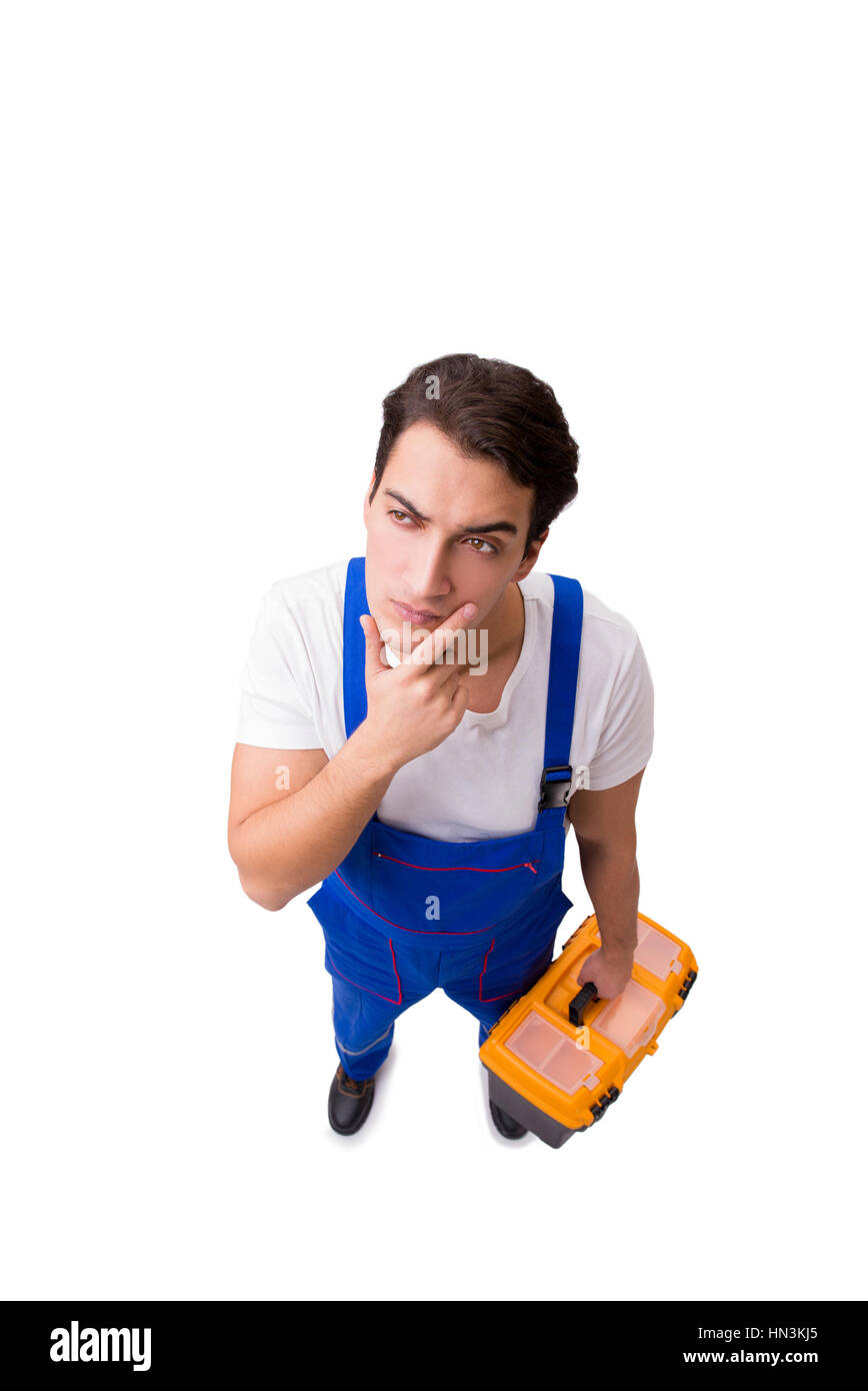 Funny repairman with tools isolated on white Stock Photo - Alamy