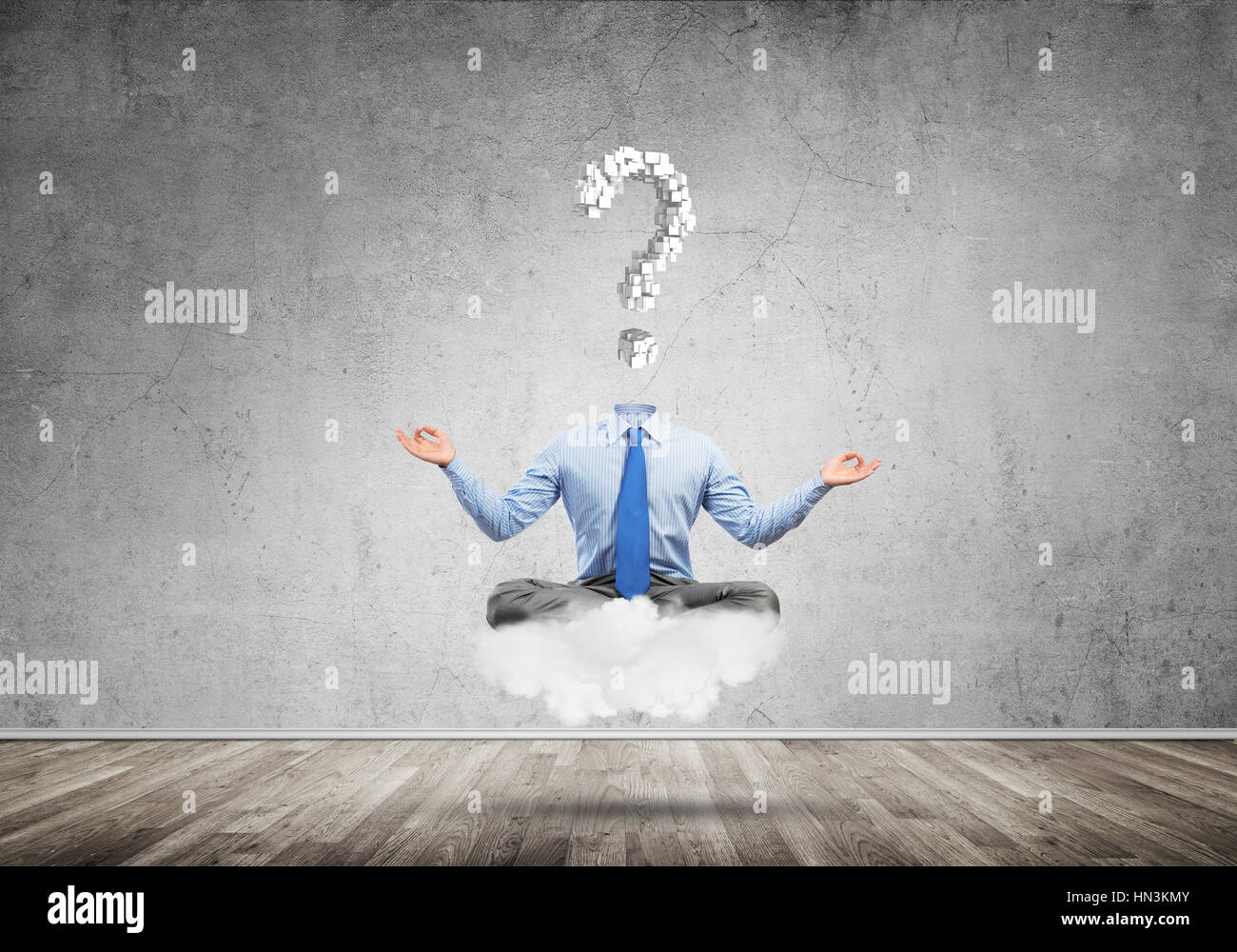 Businessman sitting in lotus pose and question mark instead of his head ...
