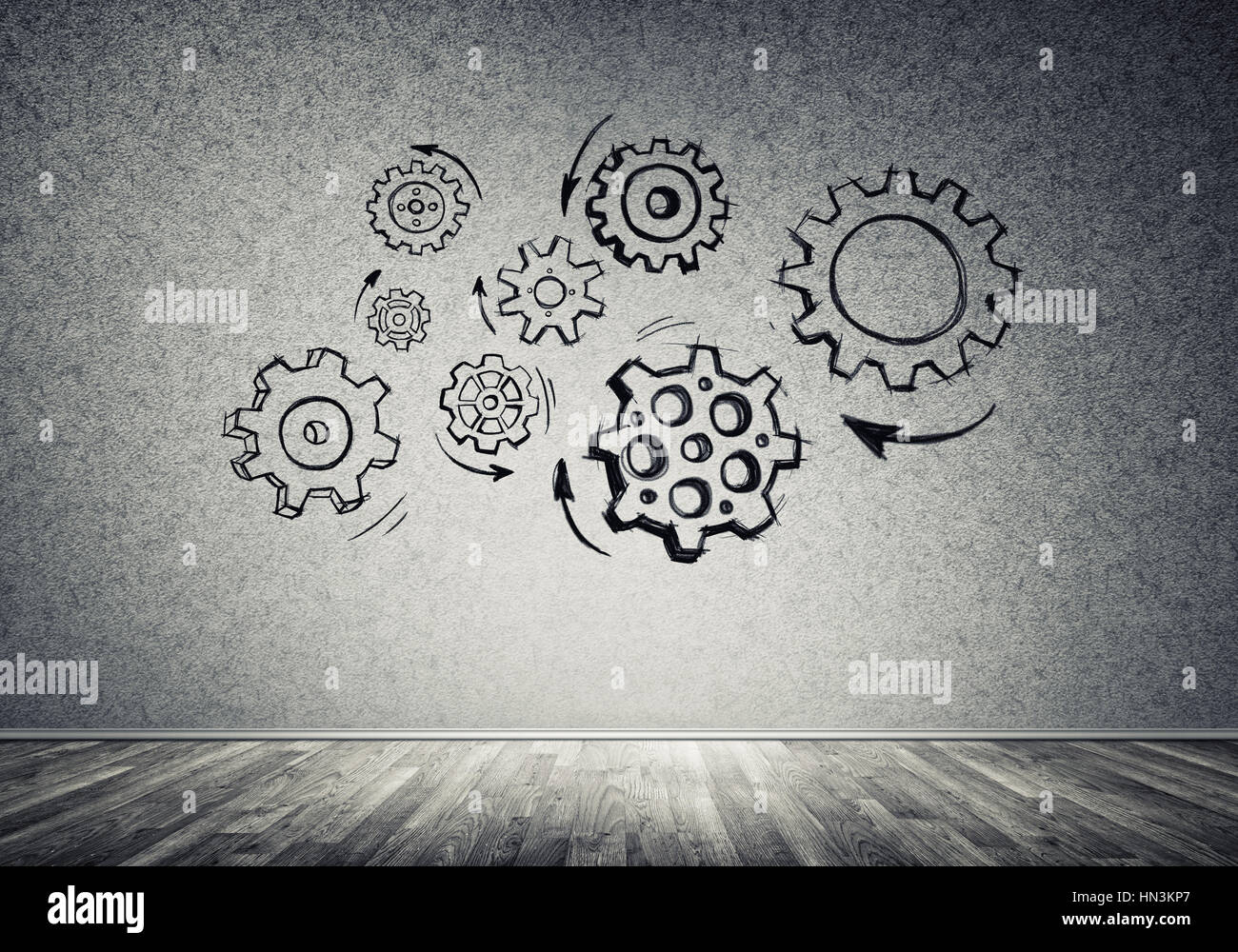 Gear hand drawn mechanism on gray wall Stock Photo - Alamy