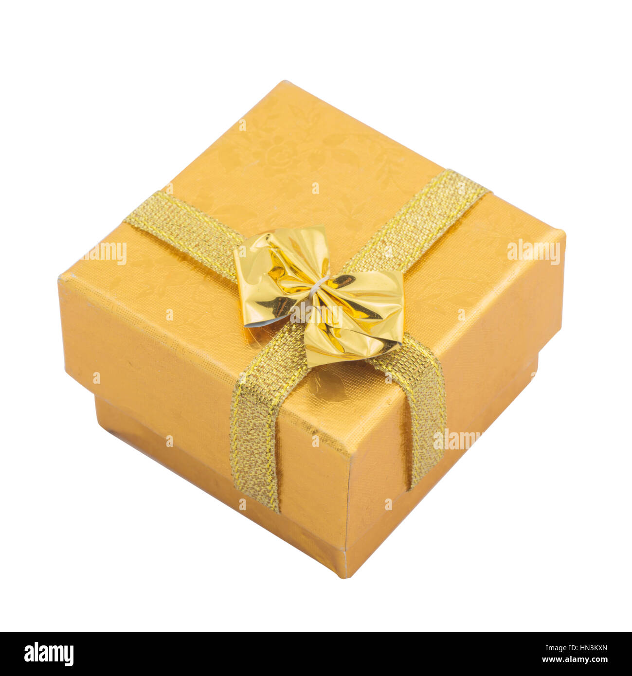 Gift box with gold ribbon bow isolated on white Stock Photo - Alamy