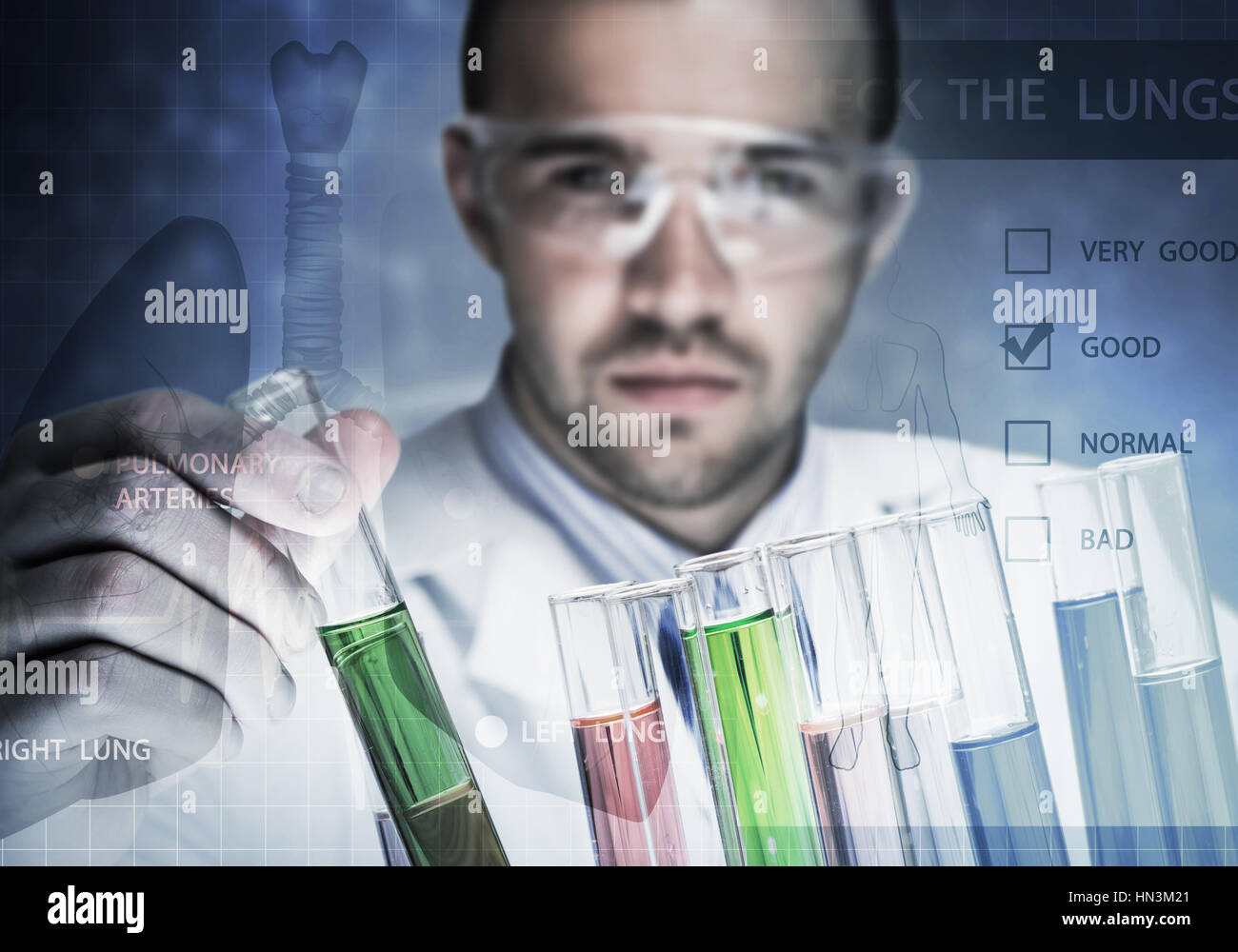 Young scientist mixing reagents in glass flask in clinical laboratory ...
