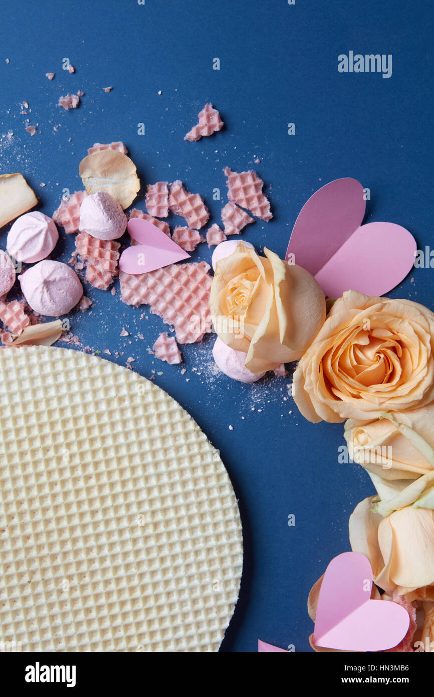 Valentine's Day concept. Closeup of roses and waffles represented on ...