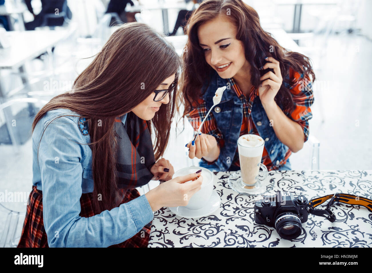 Girl drink coffee latte.Art processing and retouching photos spe Stock ...