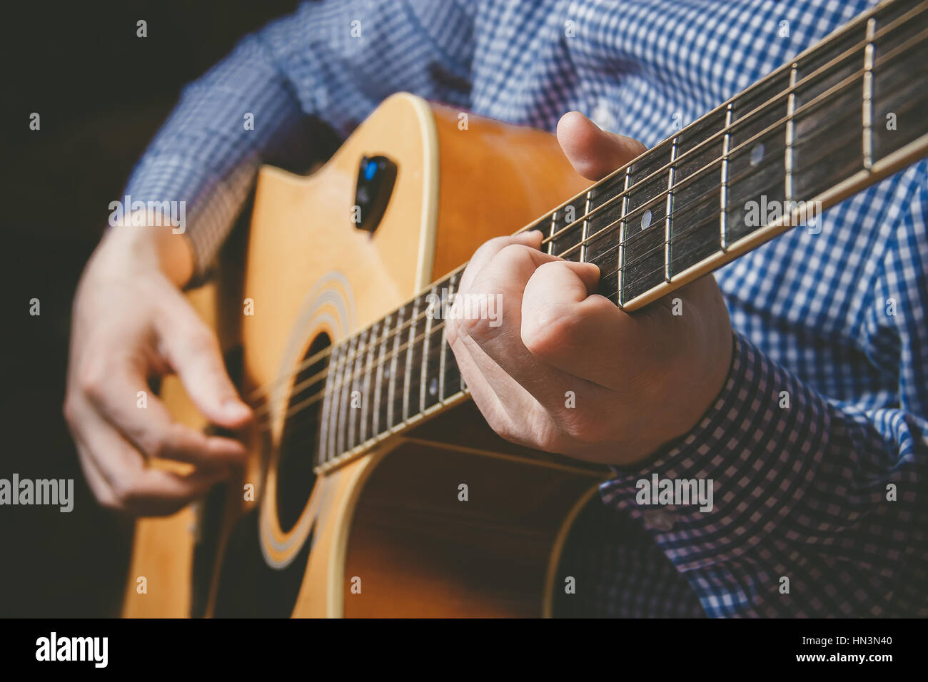 Close up of guitarist hand playing acoustic guitar Stock Photo - Alamy