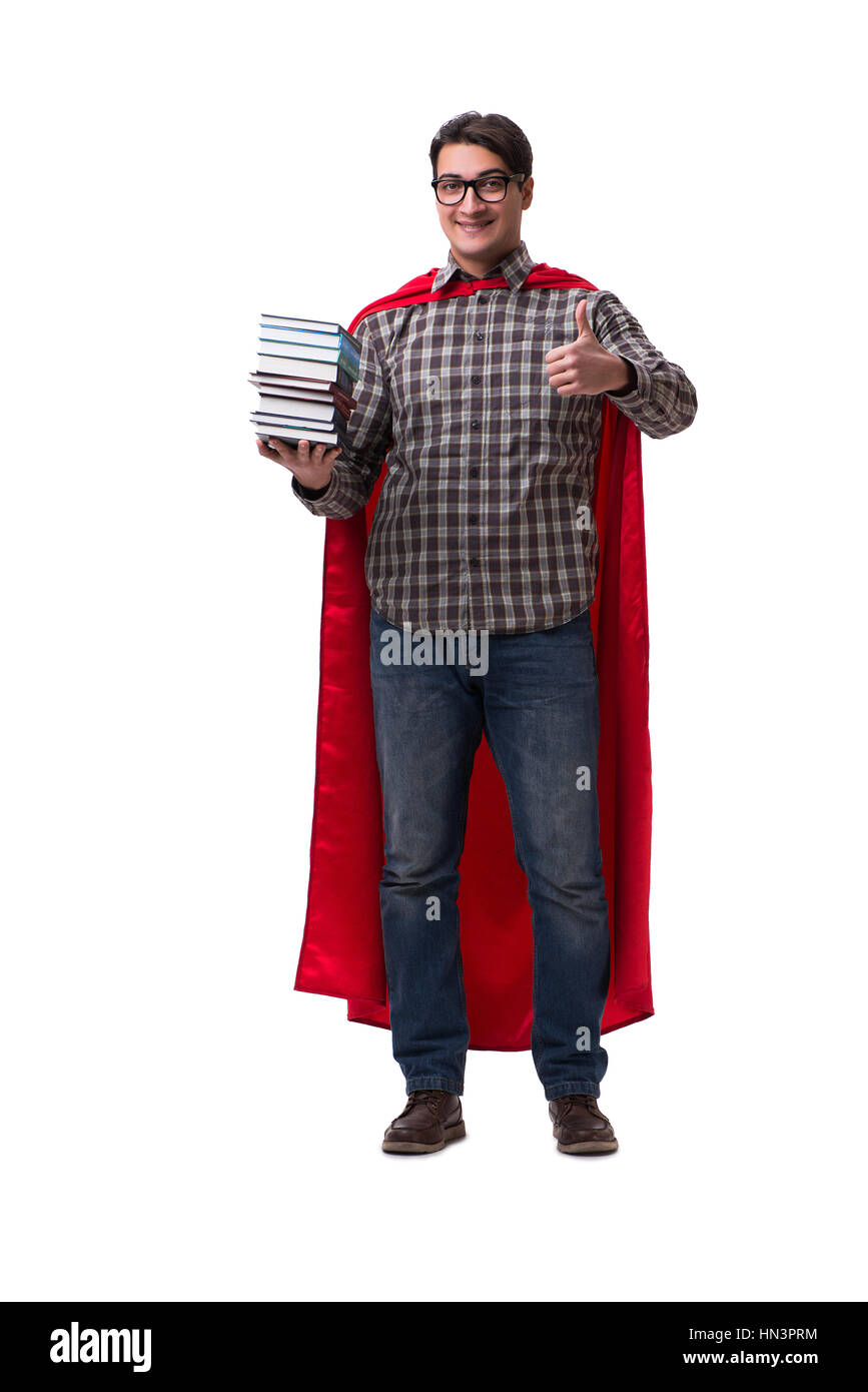 Super hero student with books isolated on white Stock Photo - Alamy