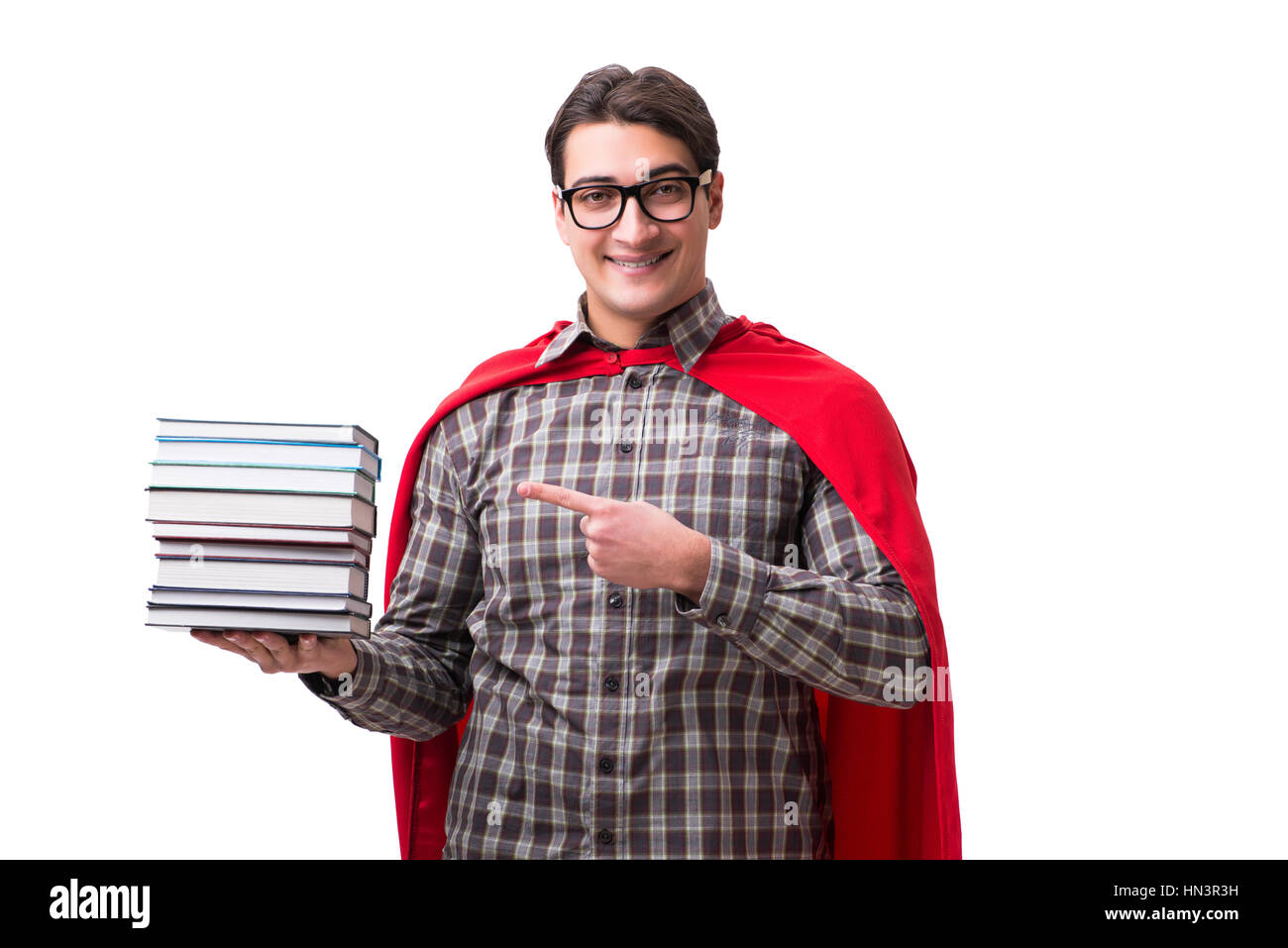 Super hero student with books isolated on white Stock Photo - Alamy
