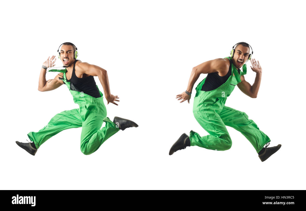 Construction worker jumping and dancing Stock Photo - Alamy