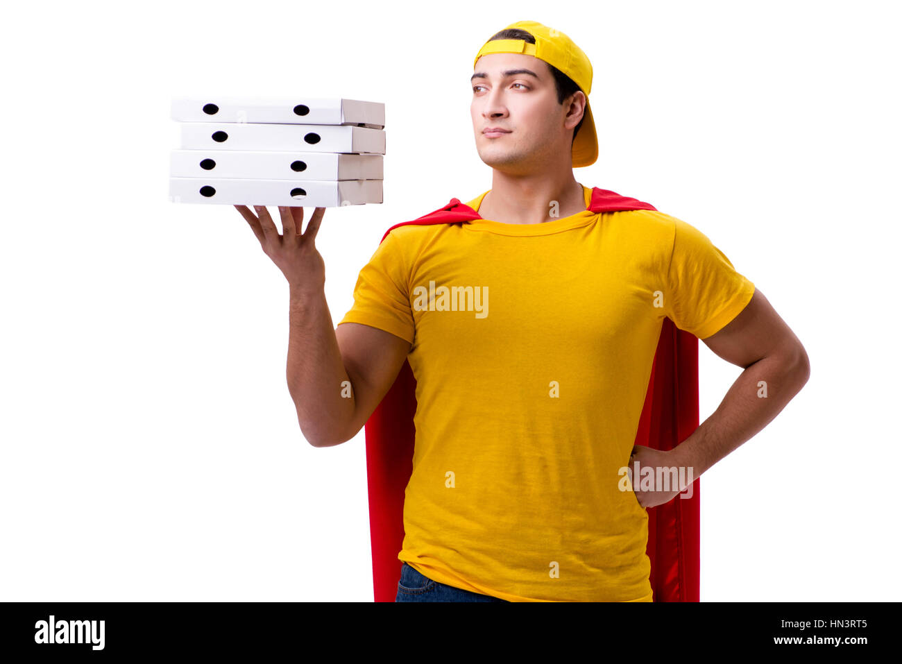 Super hero pizza delivery guy isolated on white Stock Photo - Alamy