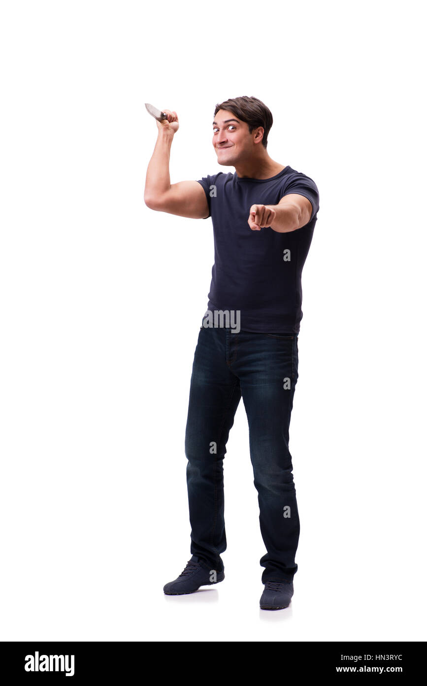Young mobster with knife isolated on white Stock Photo - Alamy