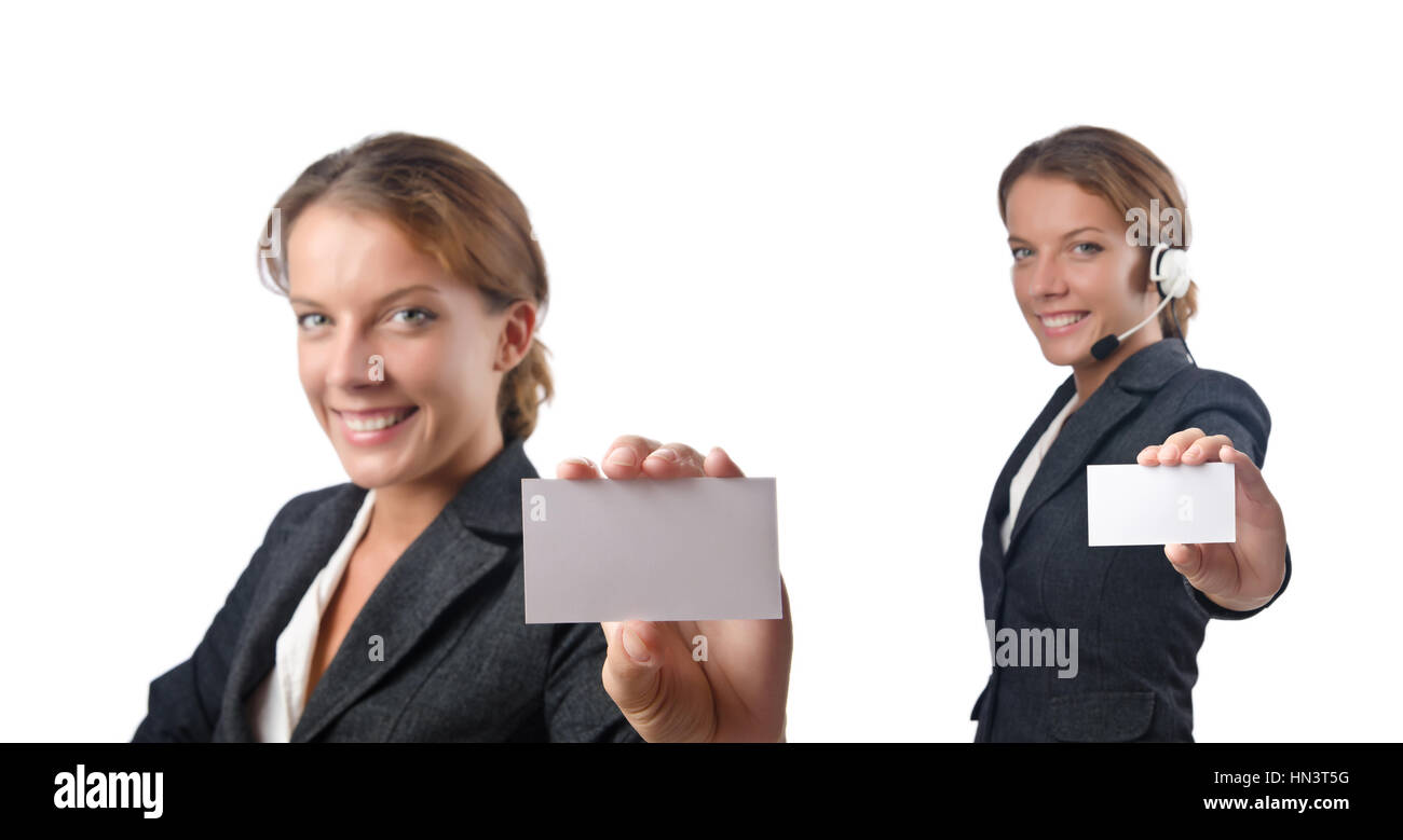 Woman with blank message on white Stock Photo - Alamy