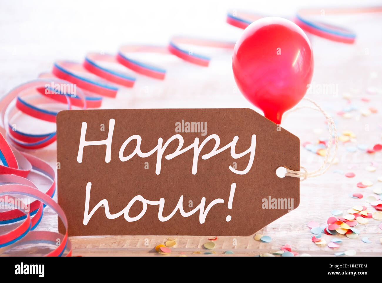 Party Label With Streamer, Balloon, Text Happy Hour Stock Photo - Alamy