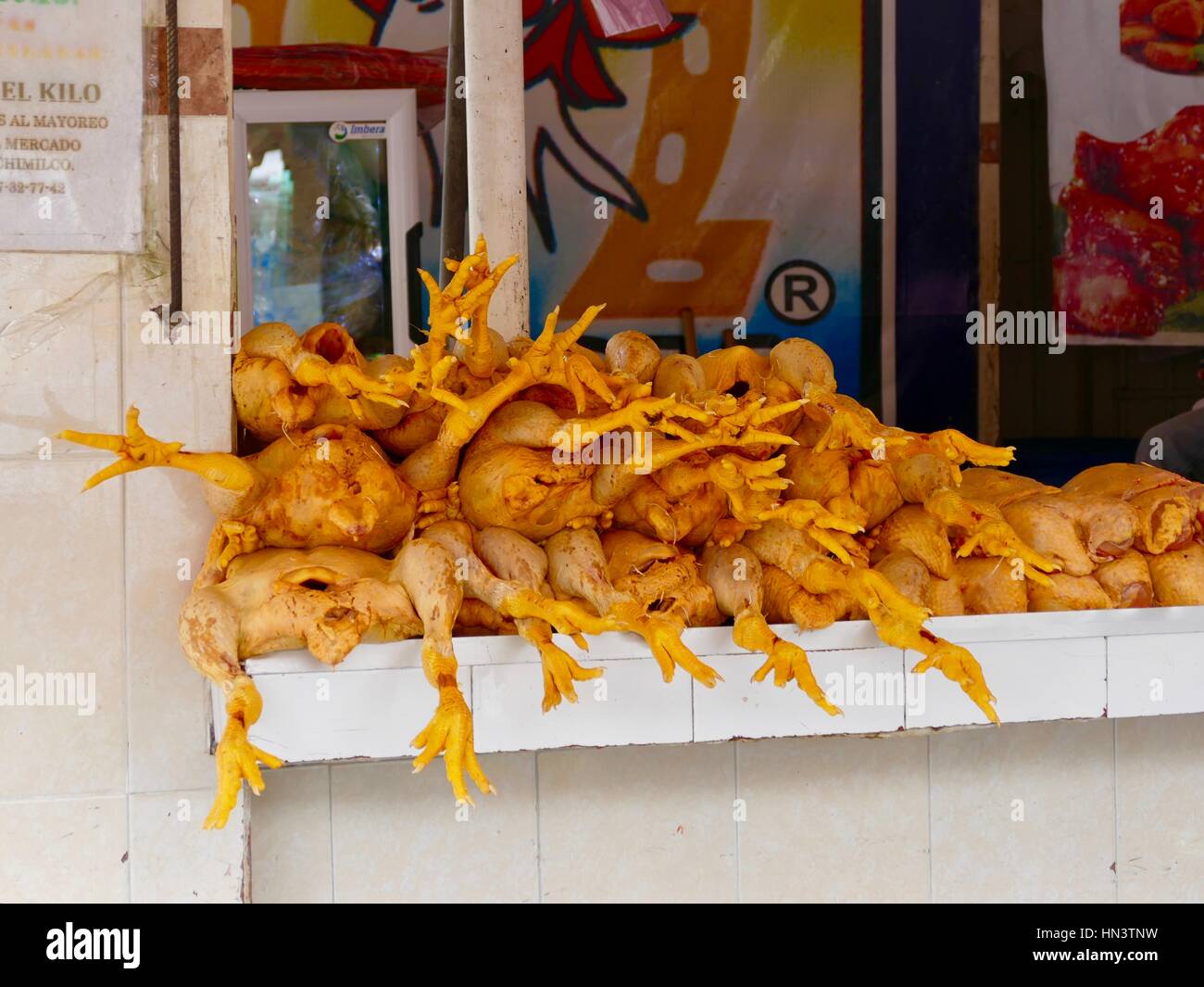 Stacks of plucked chickens, with rigid legs, piled on the counter and ...