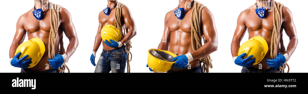 Muscular builder with tools isolated on white Stock Photo - Alamy