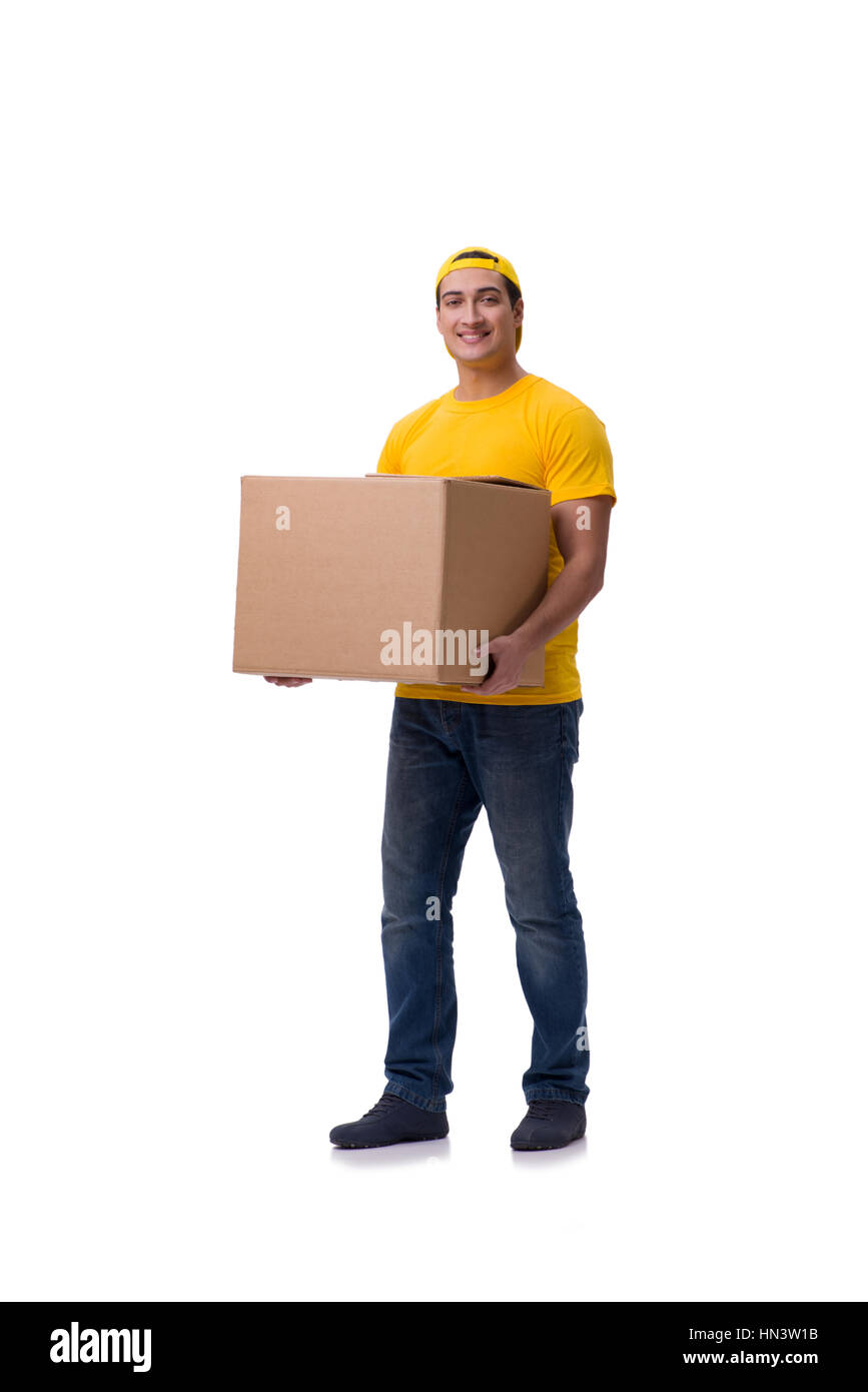 Funny delivery boy with box isolated on white Stock Photo - Alamy