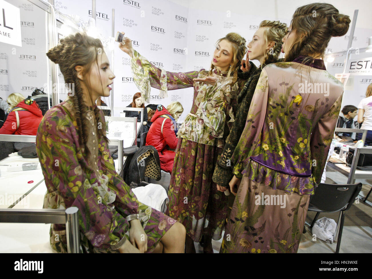 Kiev, Ukraine. 7th Feb, 2017. Models pose for a selfie photo backstage ...
