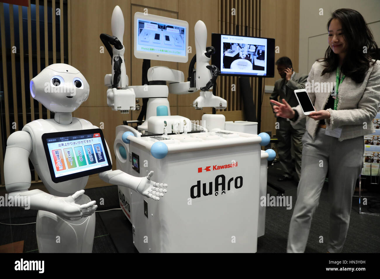 Tokyo, Japan. 7th Feb, 2017. Softbank's humanoid robot Pepper operates ...