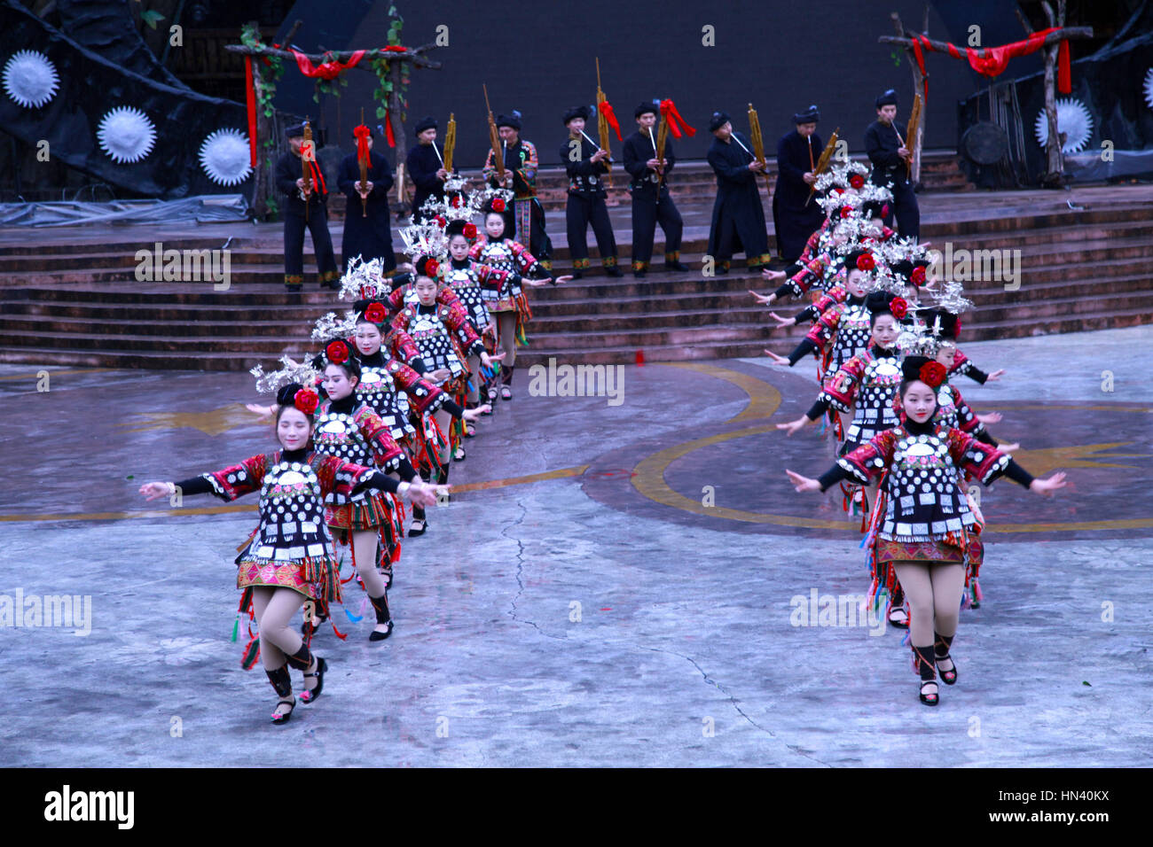 Guizhou, China. 8th Feb, 2017. Women of Miao ethnic minority group ...