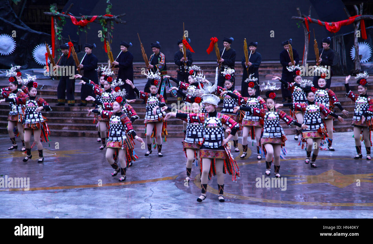 Guizhou, China. 8th Feb, 2017. Women of Miao ethnic minority group ...
