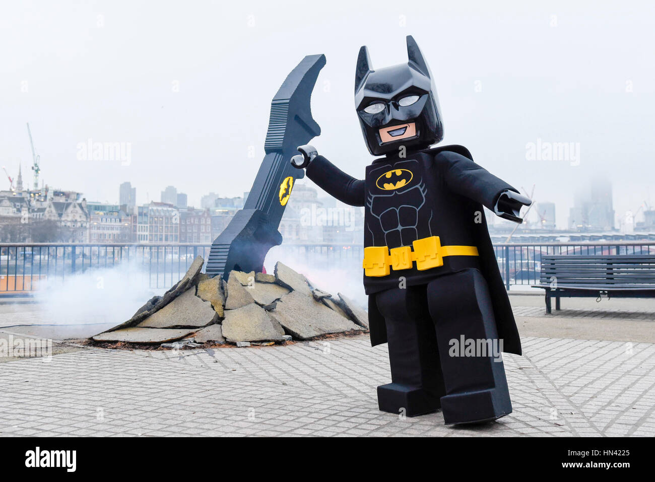London, UK. 8th Feb, 2017. A LEGO Batman costumed character poses with ...