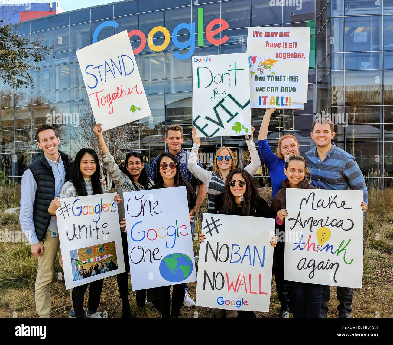 Mountain View, US. 30th Jan, 2017. Google employees demonstrate against ...