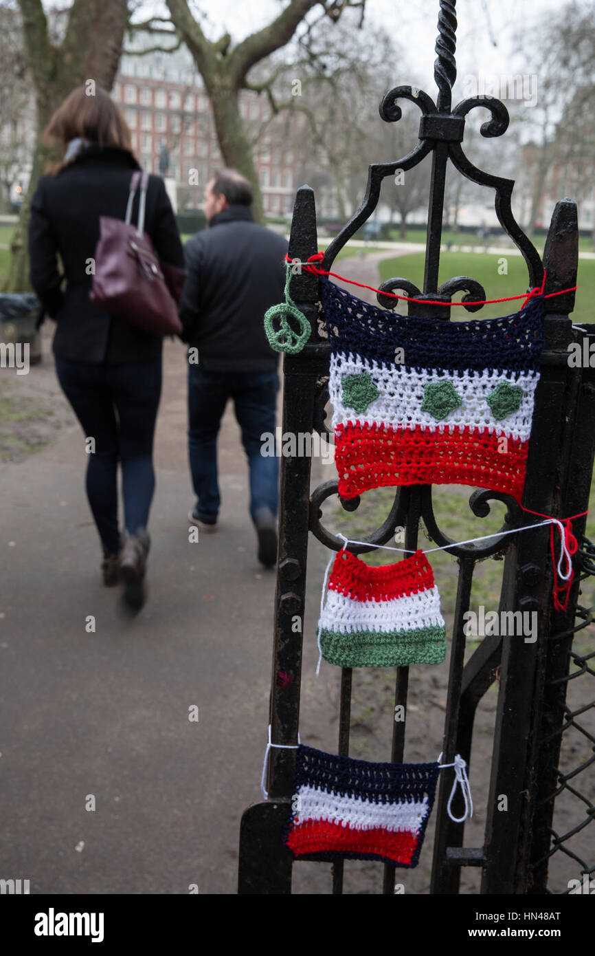 London, UK. 8th February, 2017. Small knitted flags appear outside the ...