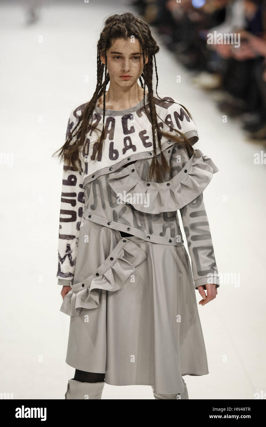 Kiev, Ukraine. 8th Feb, 2017. A model presents a creation by Ukrainian ...