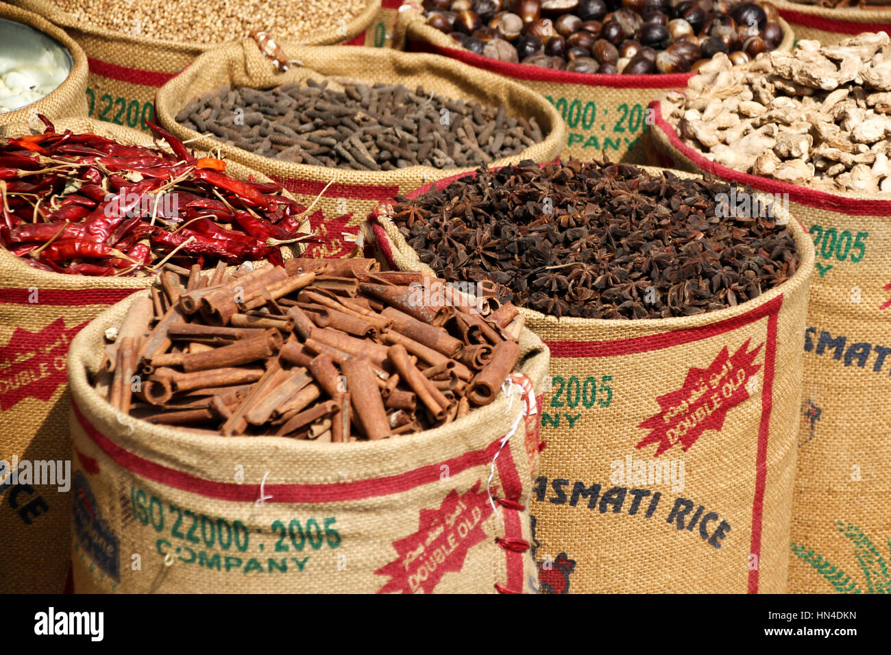 Sacks of fresh spices on sale in Cochin, Kerala Stock Photo - Alamy