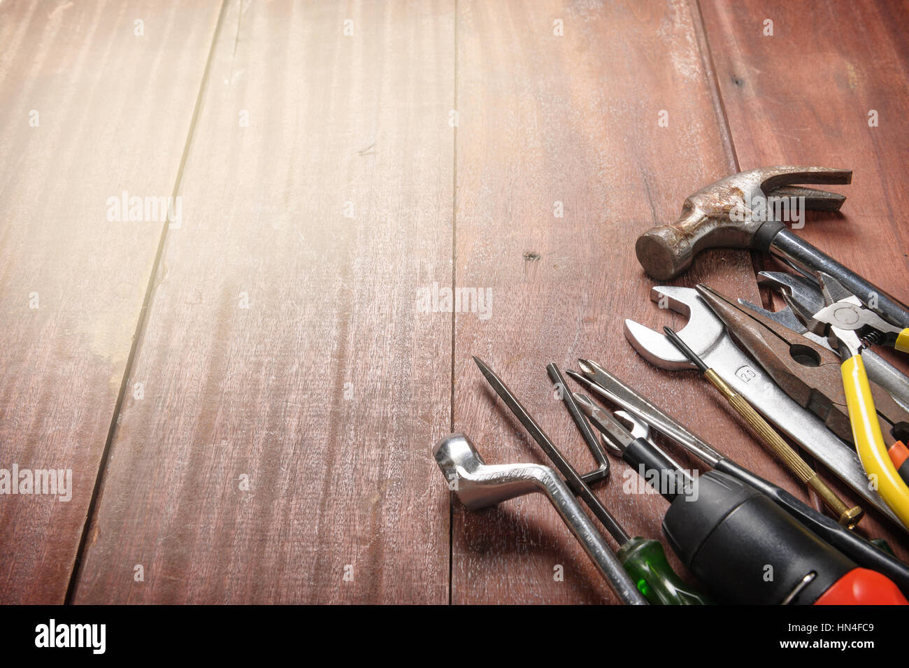 tools on wooden plank background Stock Photo - Alamy