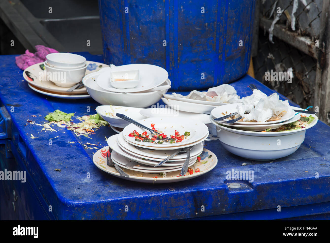 unwashed dish with food garbage and fly at unhealthy unclean dirty ...