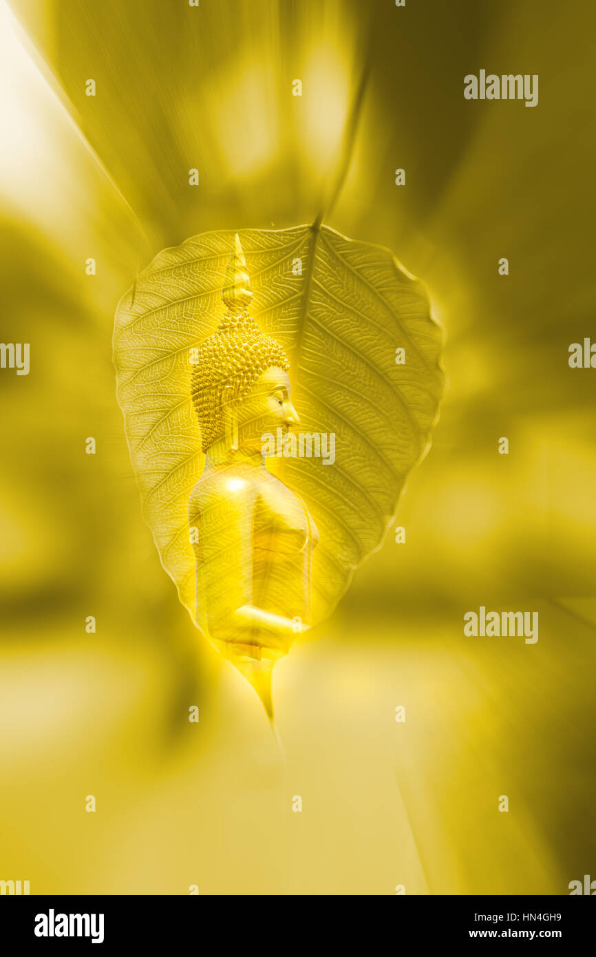 Buddha with bodhi leaf Golden color with blur zoom effect Stock Photo ...