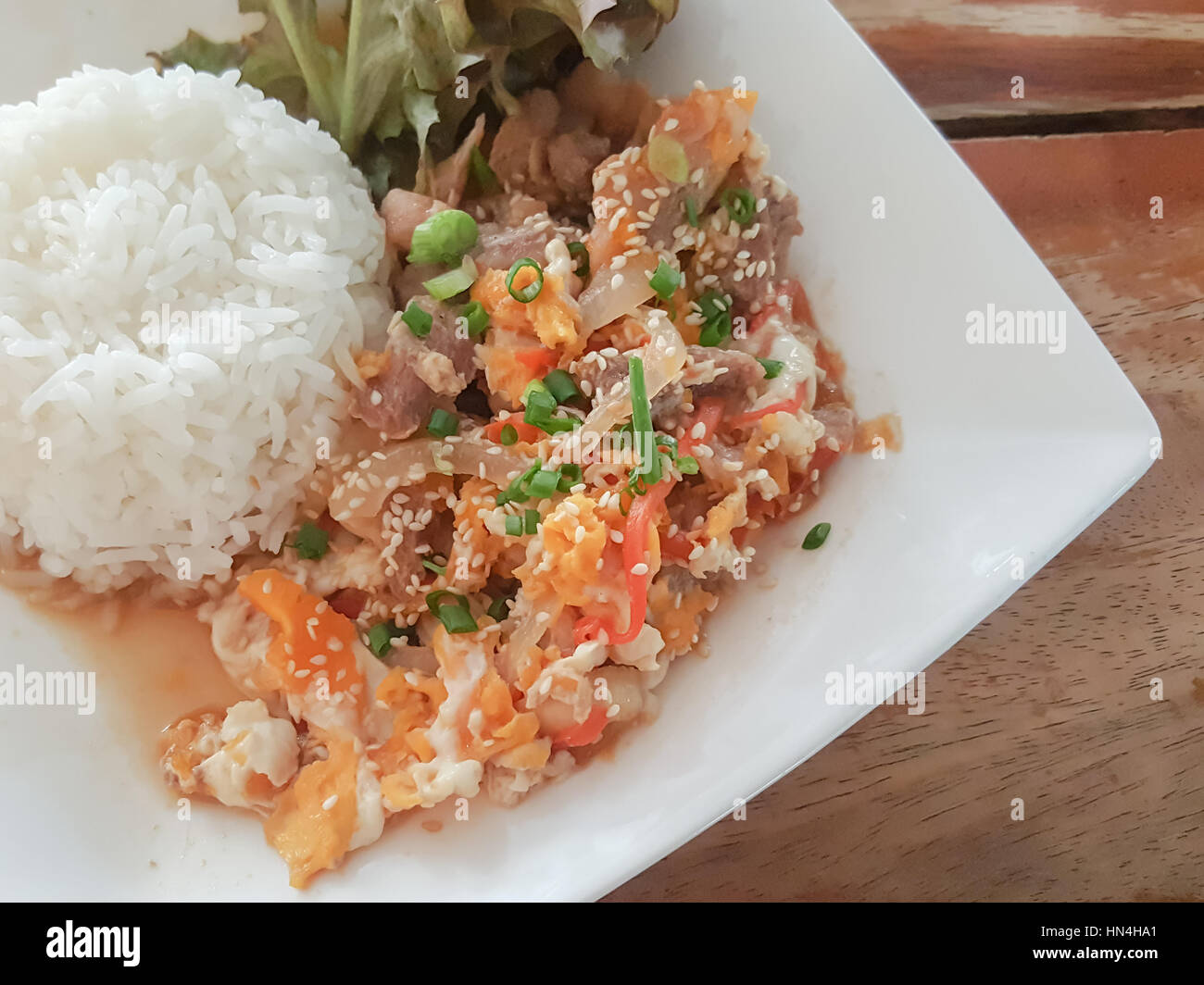 Close-up,Thai food style:"Kaow Moo Tun Pad Thai"fied pork,egg and ...