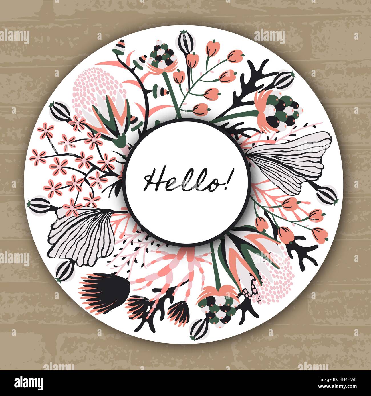 Floral round frame. Hand drawn flowers around circle. Colorful ...
