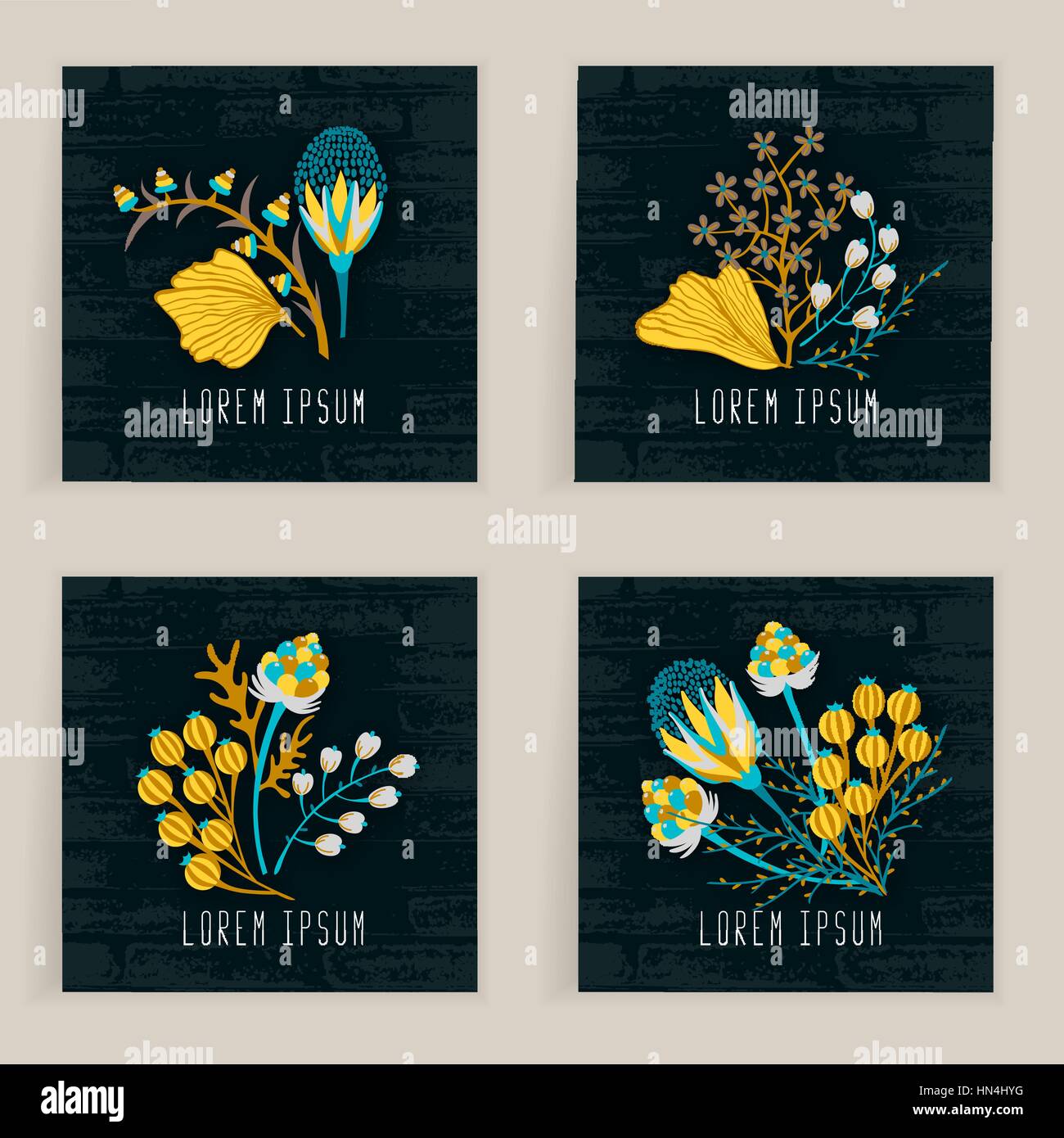 Four square cards. Hand drawn creative flower. Colorful artistic ...