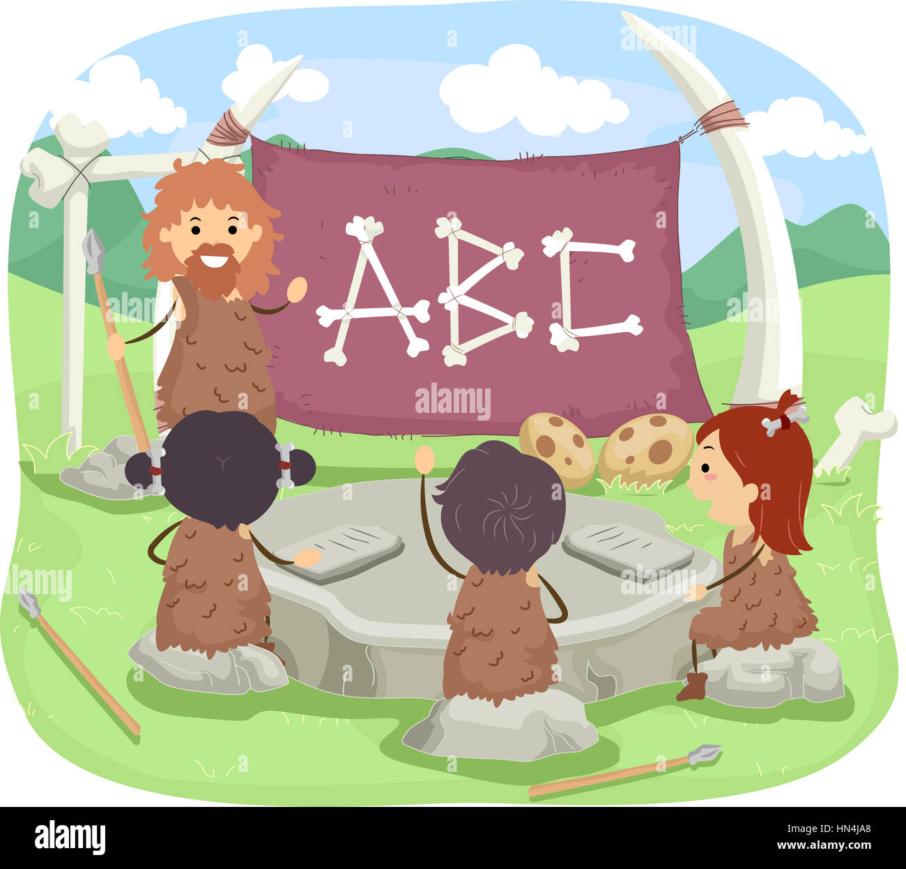 Stickman Illustration of a Caveman Teaching the Alphabet to Little Kids ...
