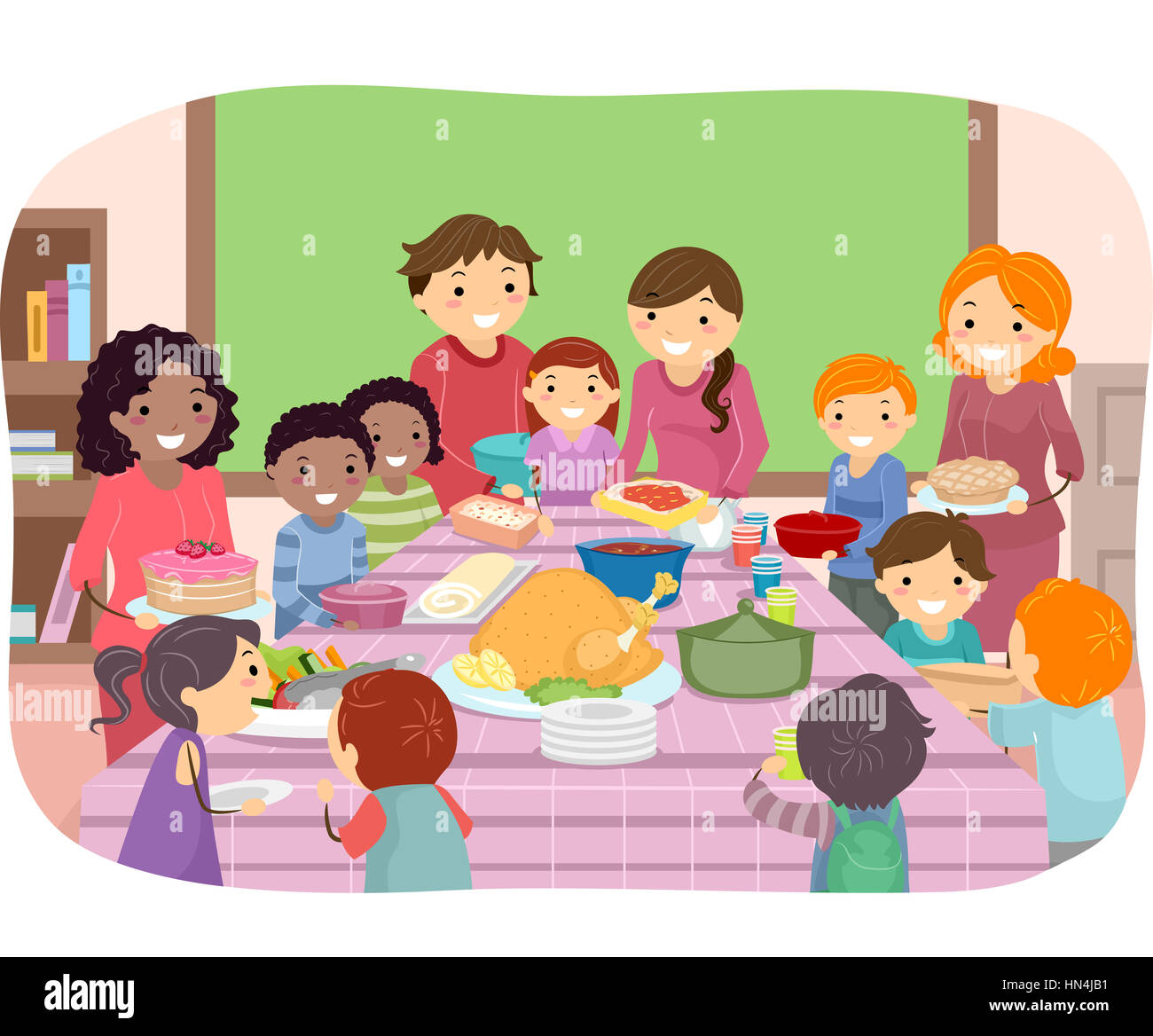 Stickman Illustration of Kids Having a Pot Luck Party Stock Photo - Alamy