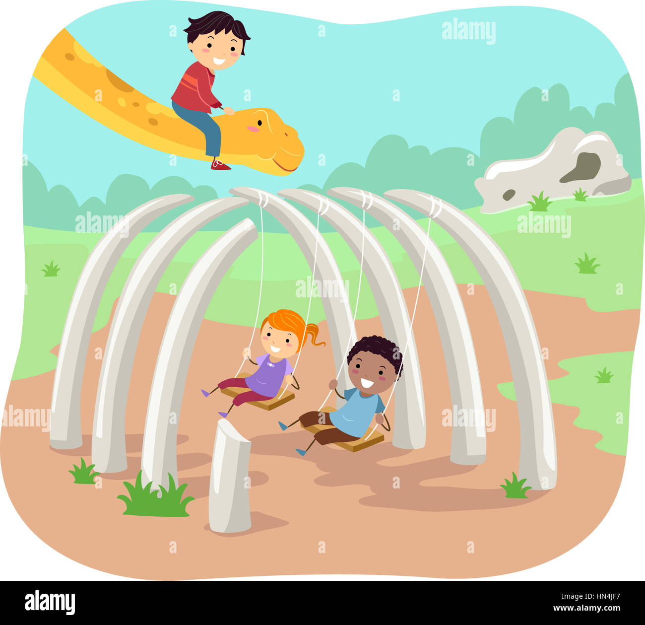 Stickman Illustration of Kids Playing on a Swing Made from Dinosaur ...