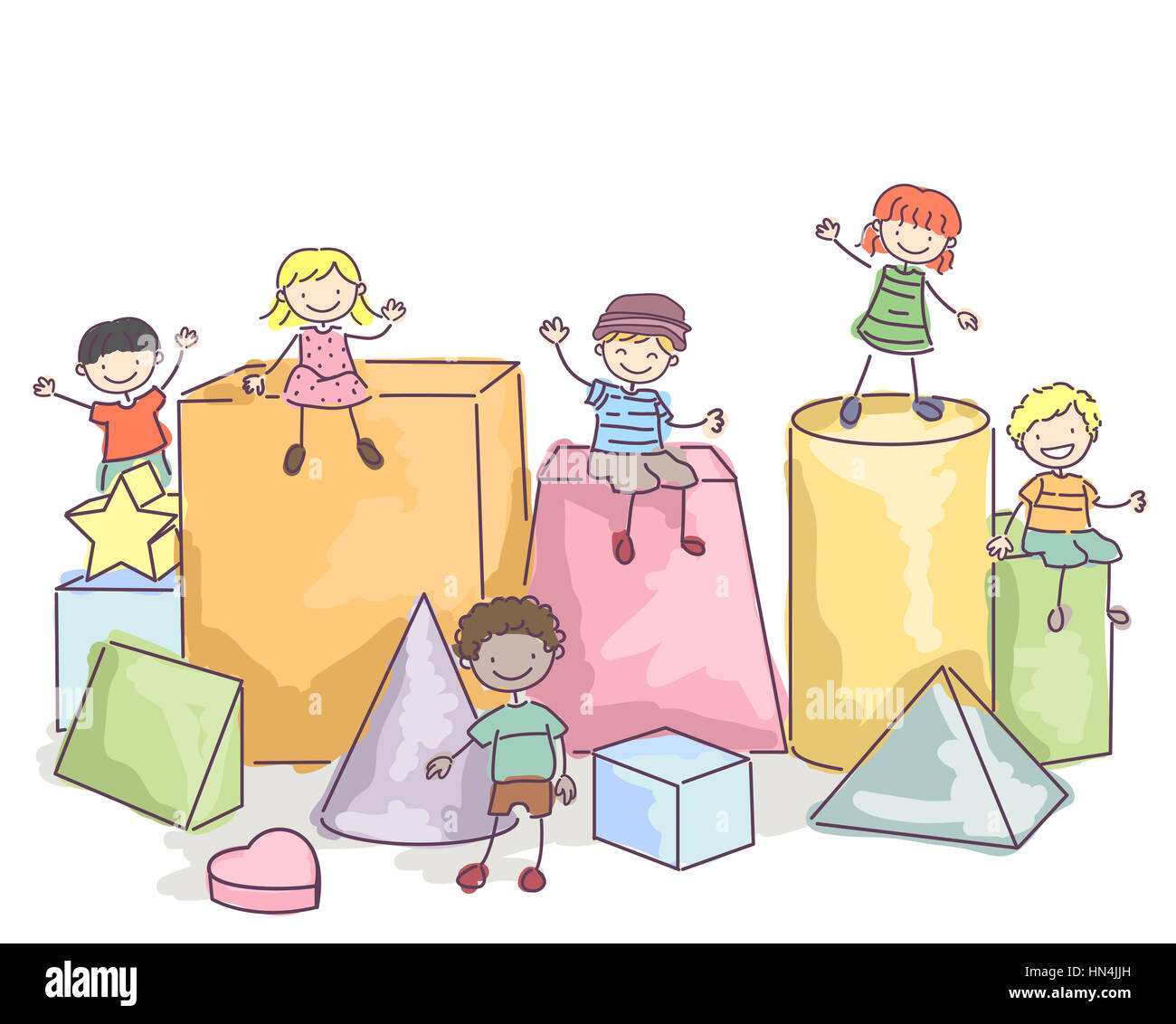 Stickman Illustration of Kids Sitting on Giant Blocks Stock Photo - Alamy