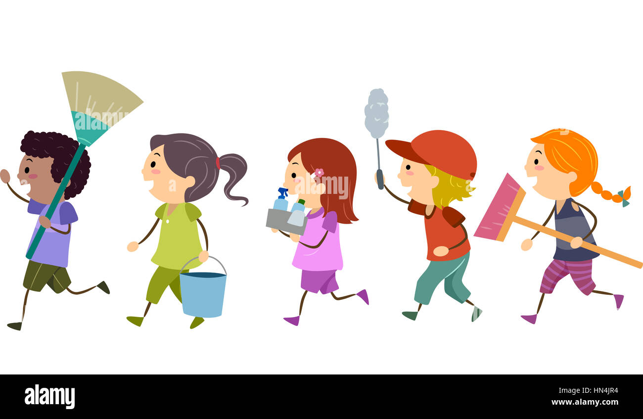 Stickman Illustration of Kids Carrying Cleaning Tools Stock Photo - Alamy