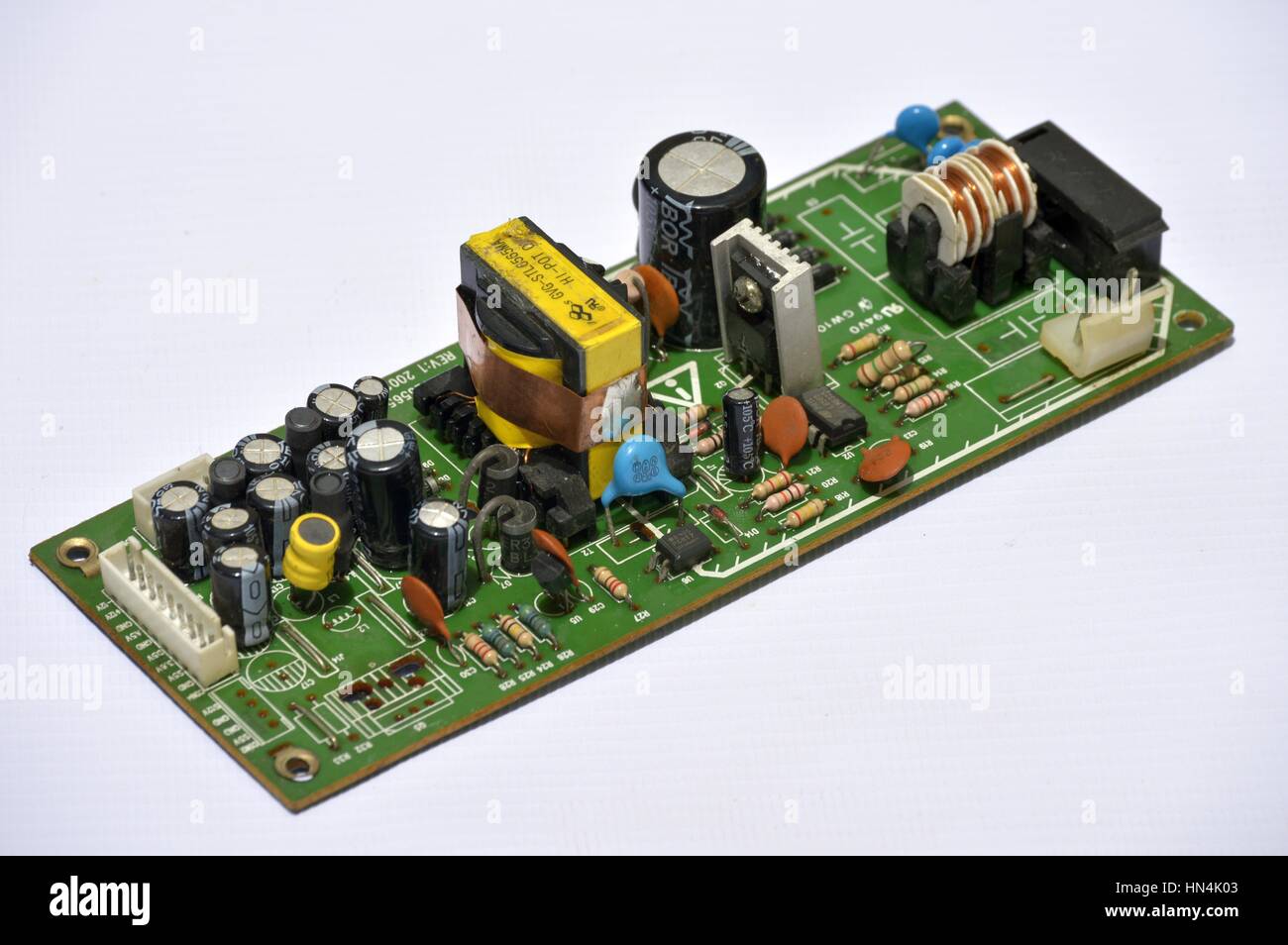 Close-up view of an electronic power supply card of a household ...